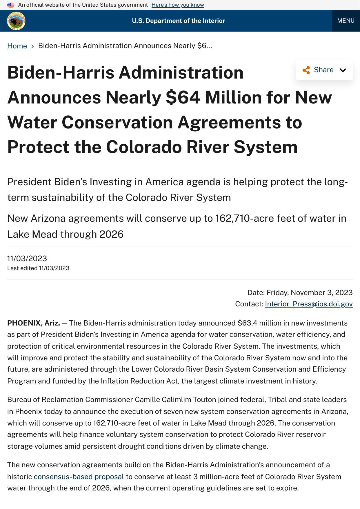 Drought Mitigation: Lower Colorado River Basin System Conservation and Efficiency Program: Round ...