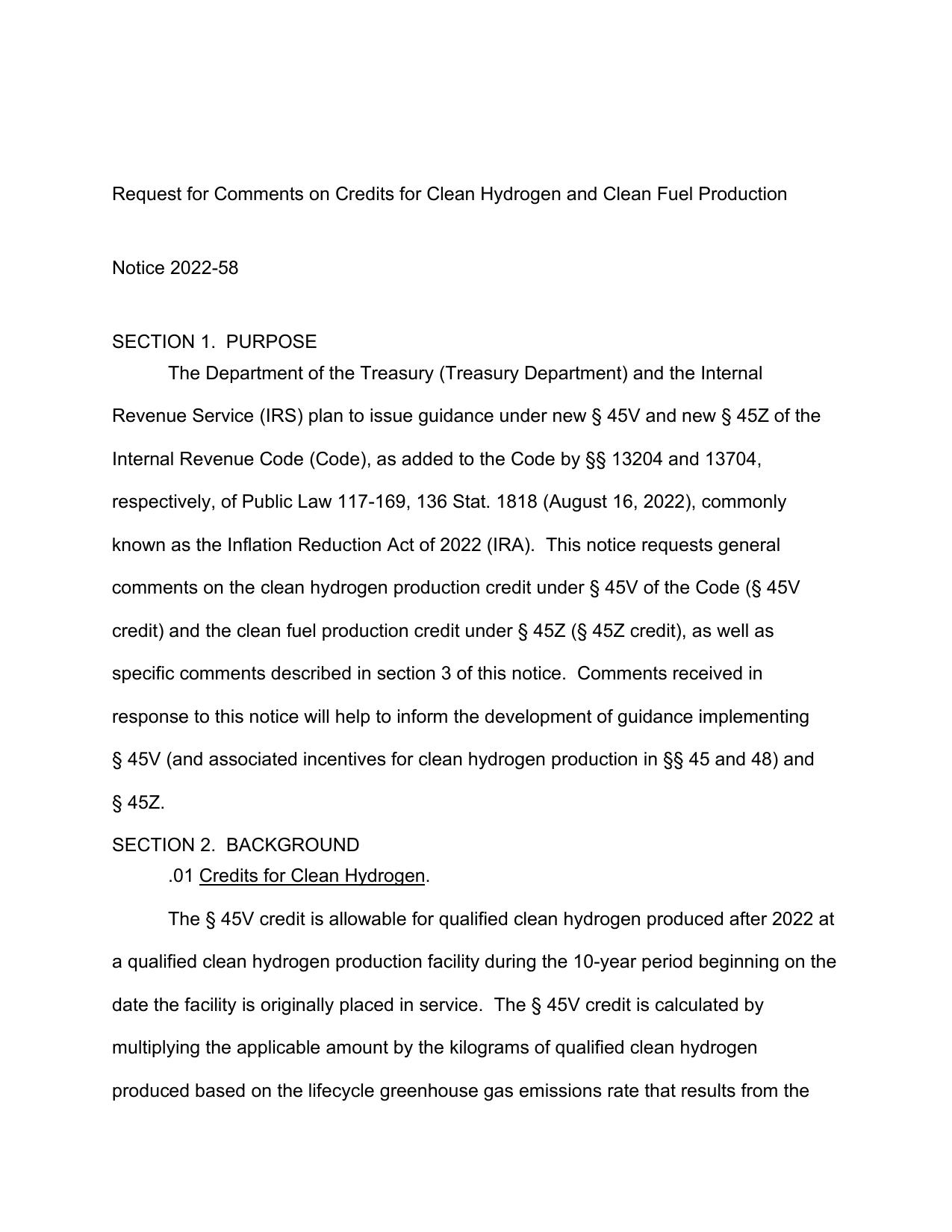 Request for Comments on Credits for Clean Hydrogen and Clean Fuel ...
